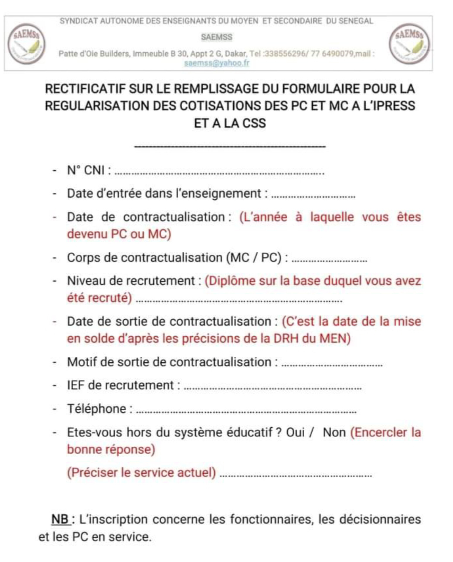 FORMULAIRE POUR LA REGULARISATION DES COTISATIONS DES PC ET DES MC A L ...